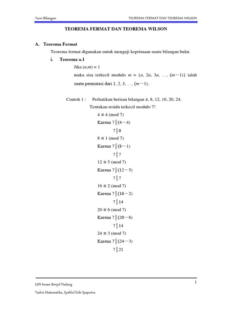 Modul Dan Resume Teorema Fermat Dan Teorema Wilson | PDF