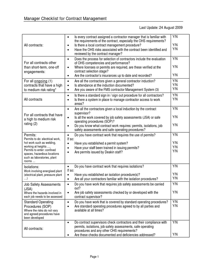 Manager Contract MGT Checklist | PDF | Risk | Safety