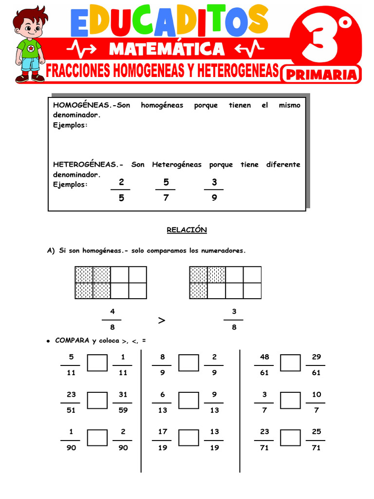 Fracciones Homogeneas y Heterogeneas para Tercer Grado de Primaria | PDF