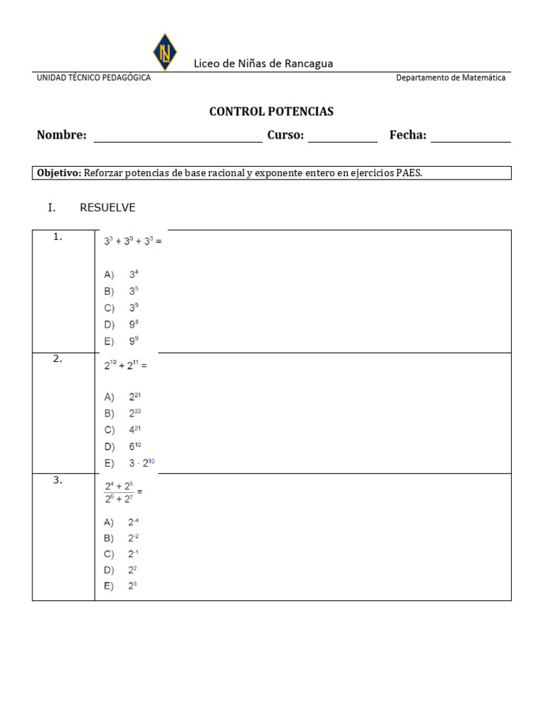 Ejercicios PAES: Control de Potencias | PDF | Métodos y materiales de enseñanza | Ciencia y ...