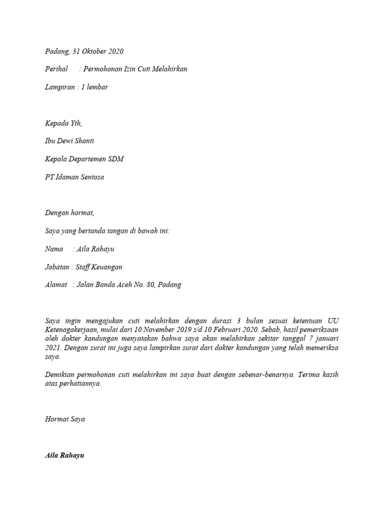 Contoh Surat Cuti Melahirkan Untuk Karyawan Swasta | PDF