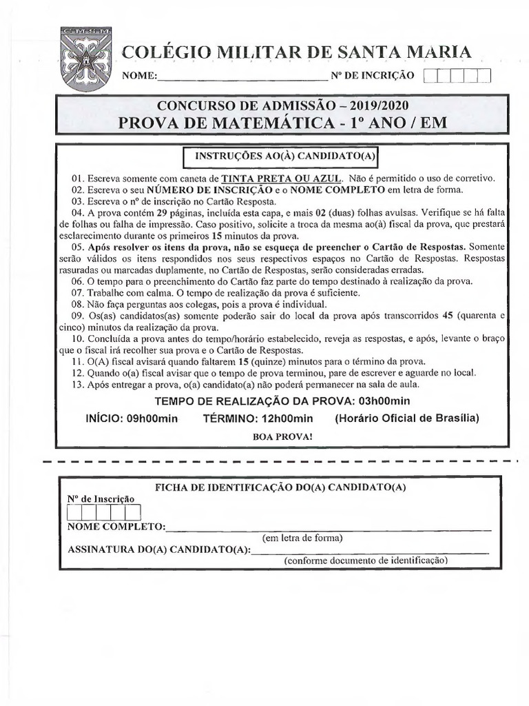 Exercito 2019 CMSM Aluno Do Colegio Militar em Matematica Prova | PDF