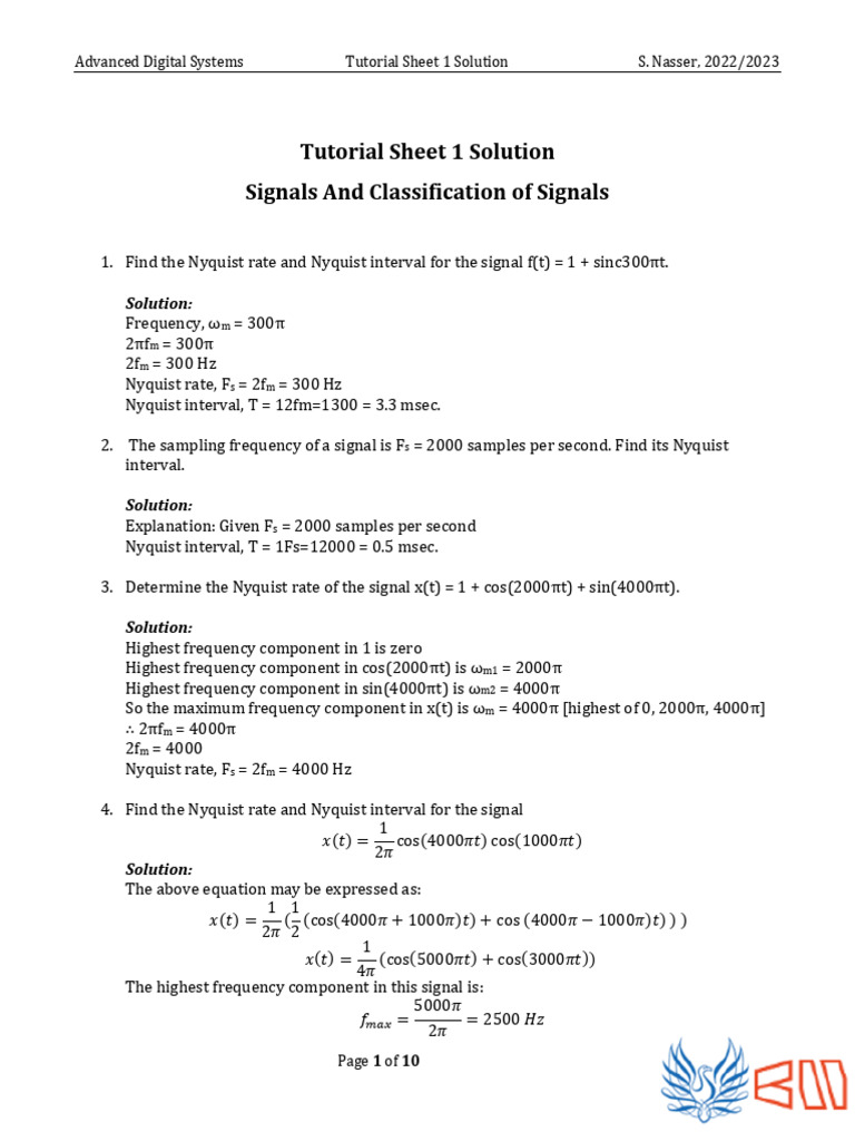 Tutorial Sheet 1 Solution | PDF | Sampling (Signal Processing) | Discrete Time And Continuous Time
