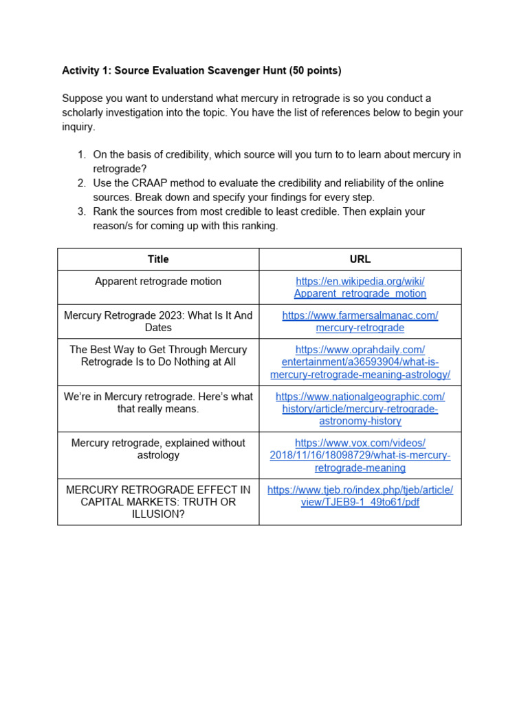 Activity 1. Source Evaluation Scavenger Hunt (50 Points) | PDF ...