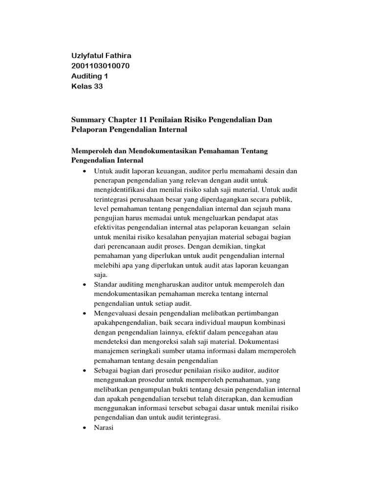 Uzlyfatul Fathira_2001103010070_Summary Chapter 11 Penilaian Risiko Pengendalian Dan Pelaporan ...