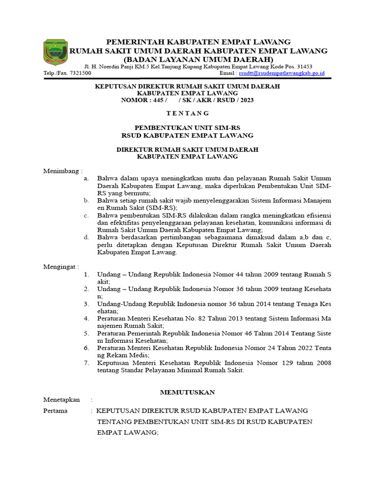 SK Pembentukan Unit Simrs | PDF