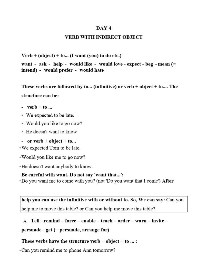 DAY 4 GRAMMAR III Verb With Indirect Object | PDF | Verb | Object (Grammar) DAY 4 GRAMMAR III Verb With Indirect Object | PDF | Verb | Object (Grammar)