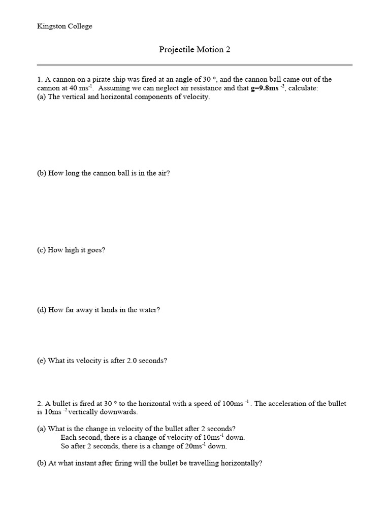 Worksheet - Projectile Motion 2 | PDF | Projectiles | Ballistics
