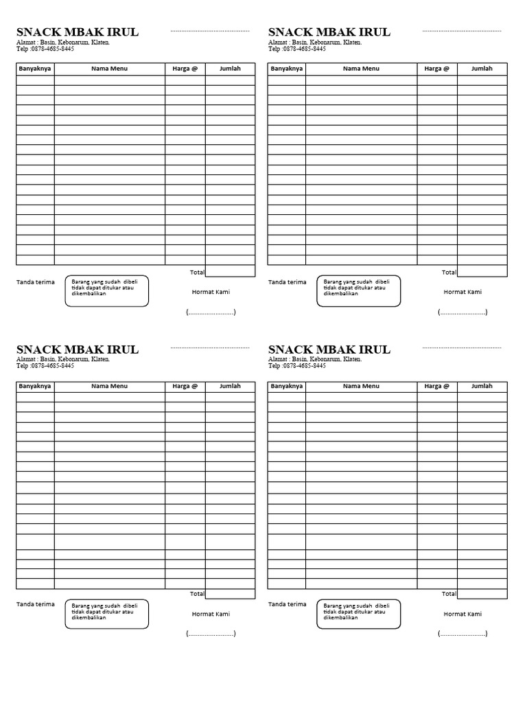 Nota Pembelian Snack Mbak Irul | PDF