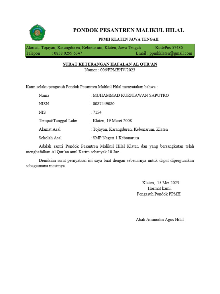 Surat Keterangan Hafalan Quran | PDF