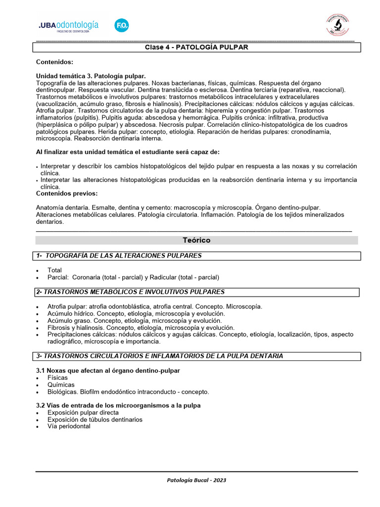 04 - PATOLOGÍA PULPAR Guia - Patología Bucal 2023 | PDF | Ciencias de ...