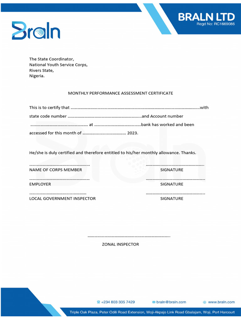 NYSC Monthly Performance Certificate Sample | PDF