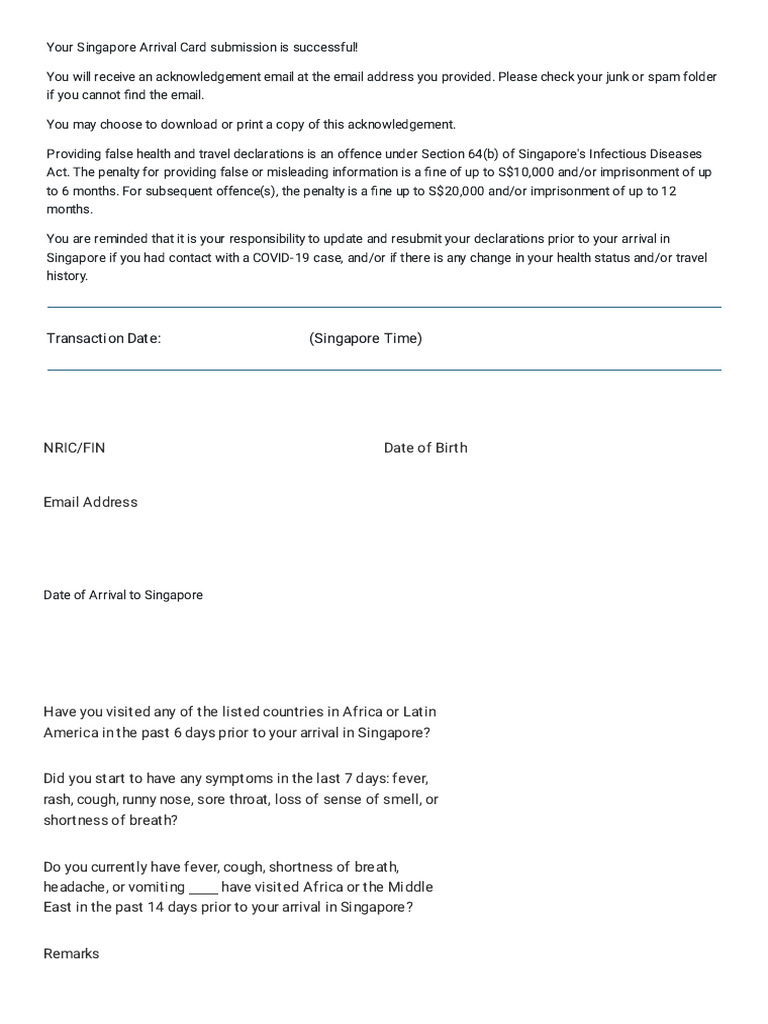 ICA - SG Arrival Card | PDF | Epidemiology | Clinical Medicine