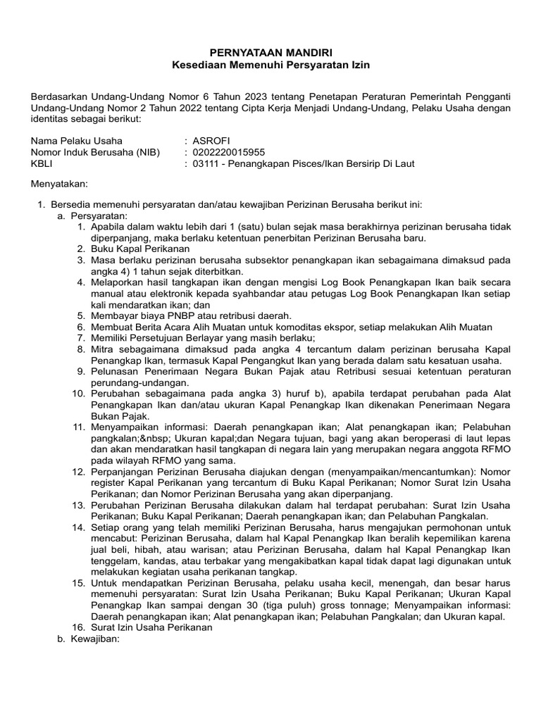 Pernyataan Mandiri Kesediaan Memenuhi Persyaratan Izin Nelayan Asrofi | PDF | Hukum | Teknologi ...