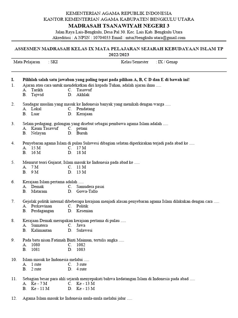 Soal Ski KLS 9 SMTR 2 2023 | PDF