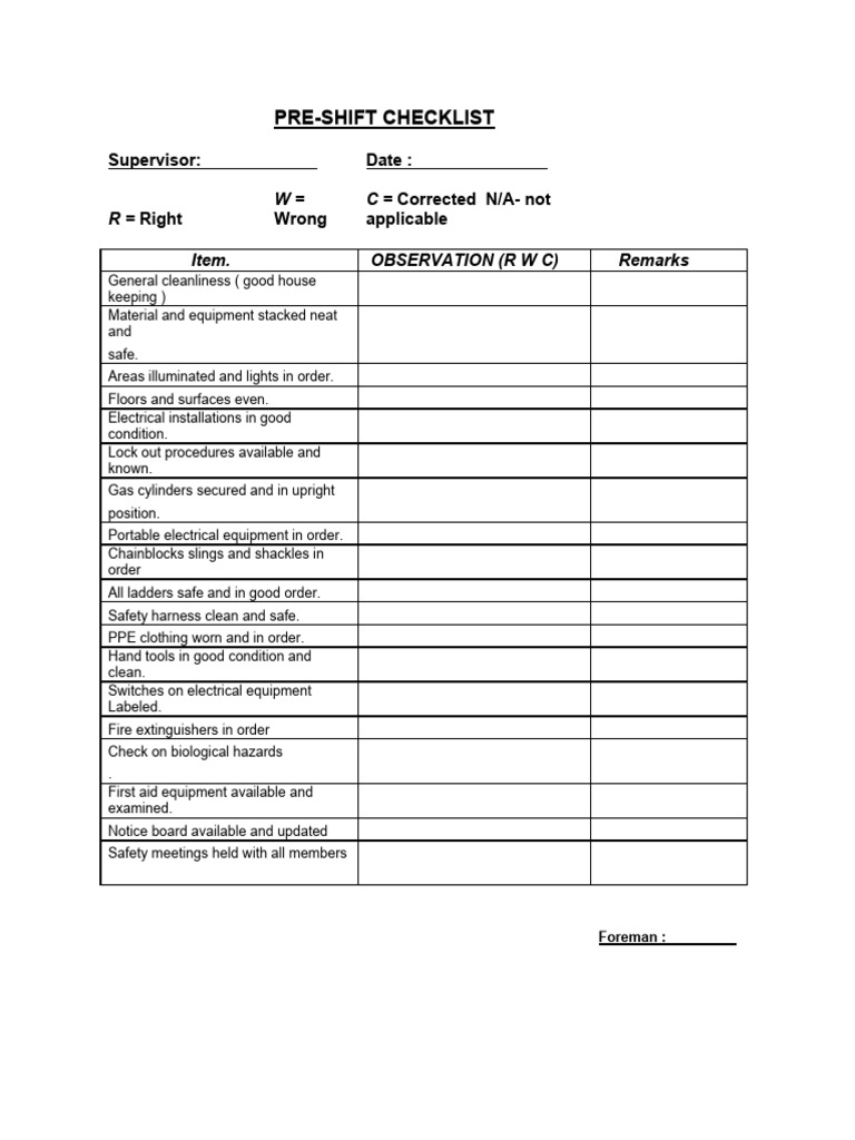 PRE-Shift Checklist | PDF