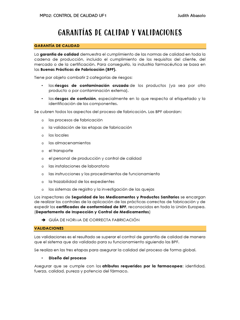 GARANTÍAS DE CALIDAD Y VALIDACIONES RESUMENn | PDF | Calidad (comercial) | Business