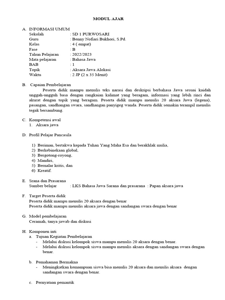 Modul Ajar RPP B.jawa Kelas 4 | PDF