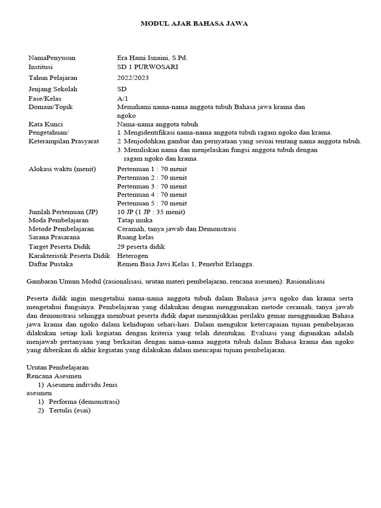 Modul Ajar RPP B.JAwa Kelas 1 | PDF