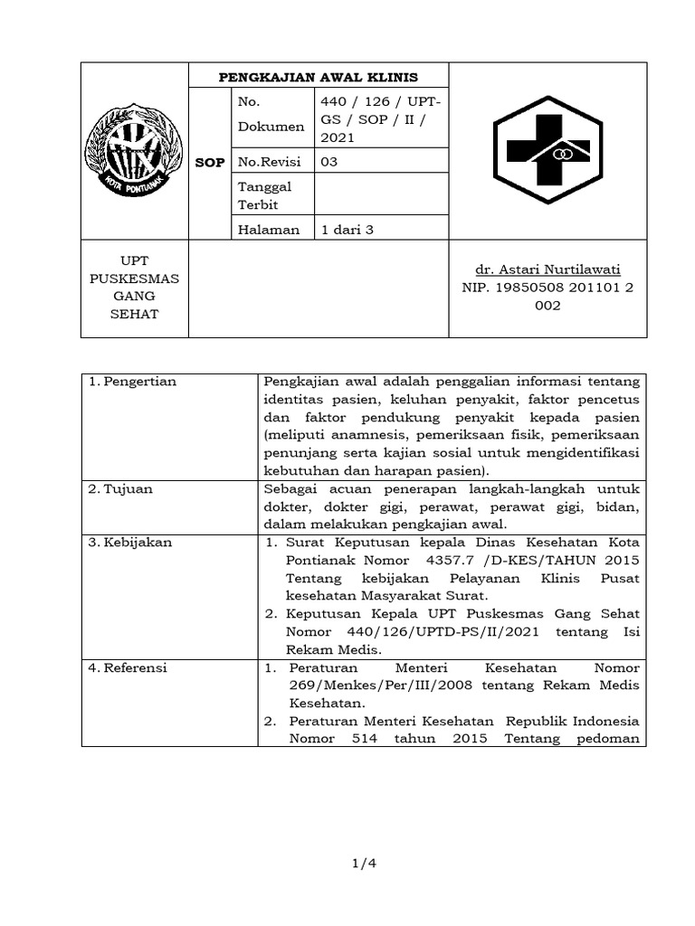 SOP Pengkajian Awal Klinis | PDF | Sains & Matematika
