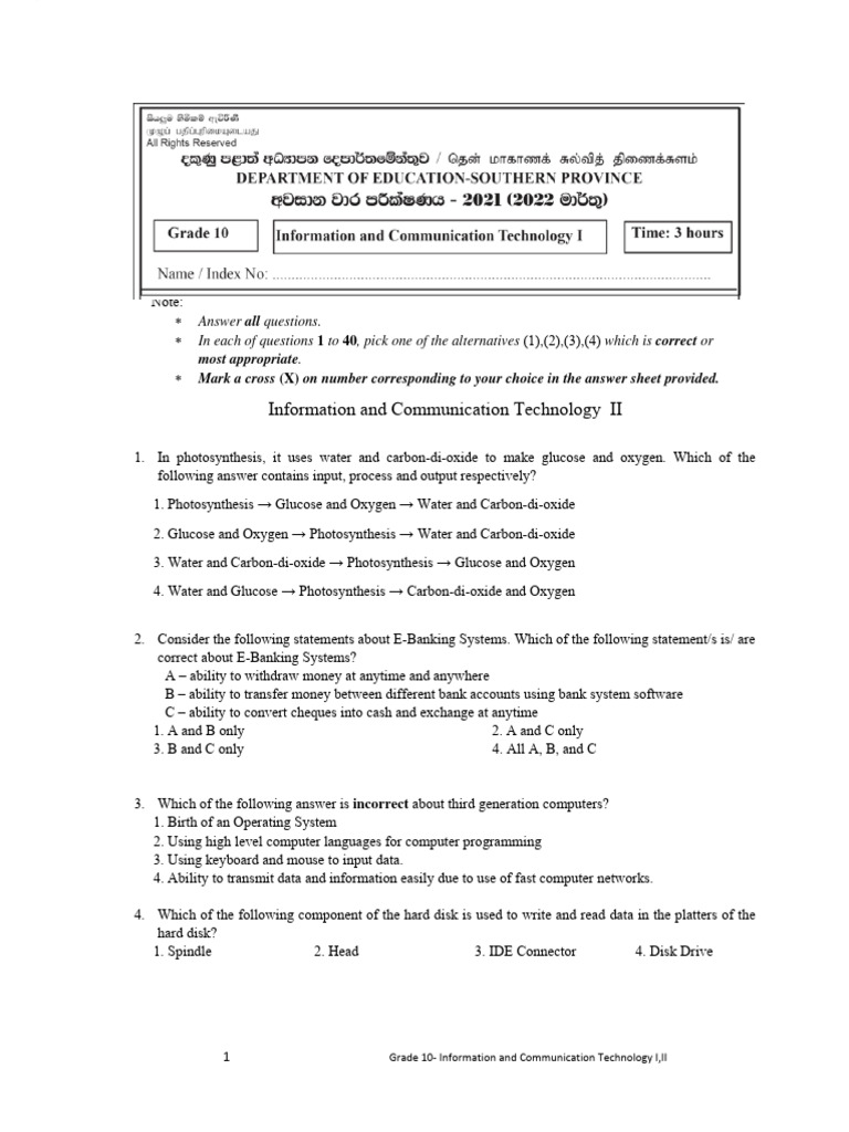Grade 10 ICT 3rd Term Test Paper With Answers 2021 Southern Province ...