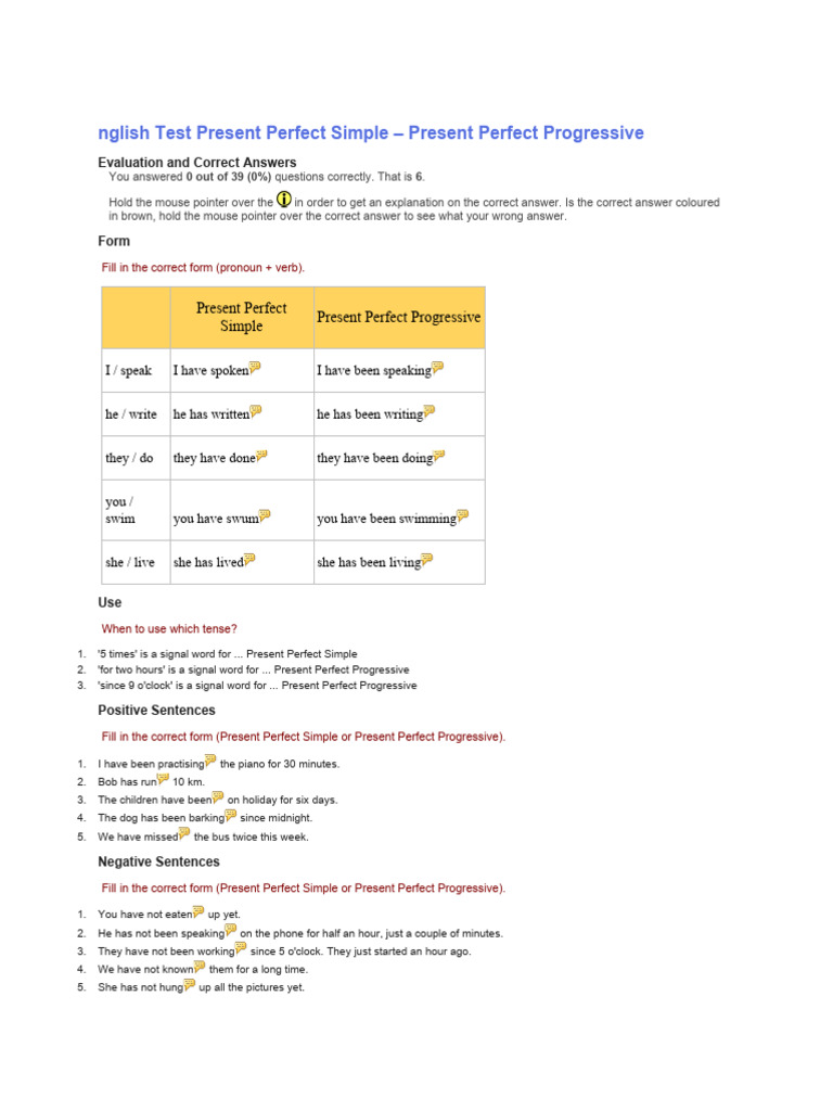 Present Perfect Tense Practice Test | PDF | Verb | Linguistics