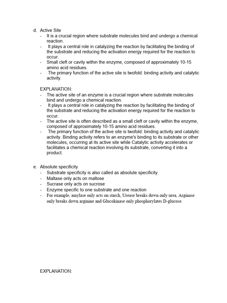 Active Site, Absolute Specificity and Stereo Specificity | PDF | Enzyme ...
