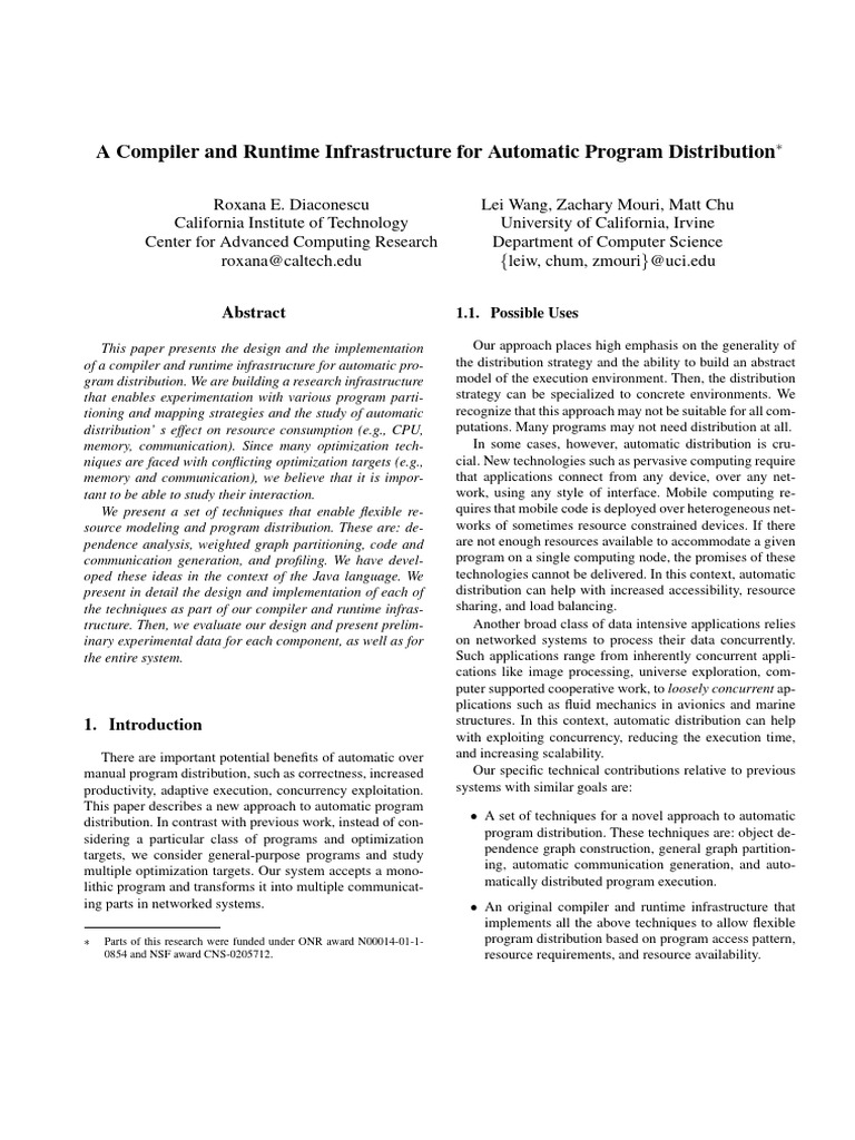 A Compiler and Runtime Infrastructure For Automatic Program Distribution | PDF | Message Passing ...