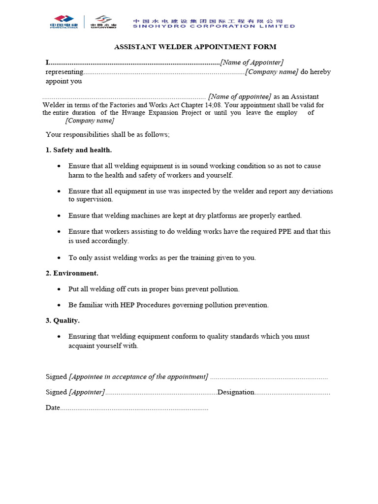 Assistant Welder Appointment Form | PDF