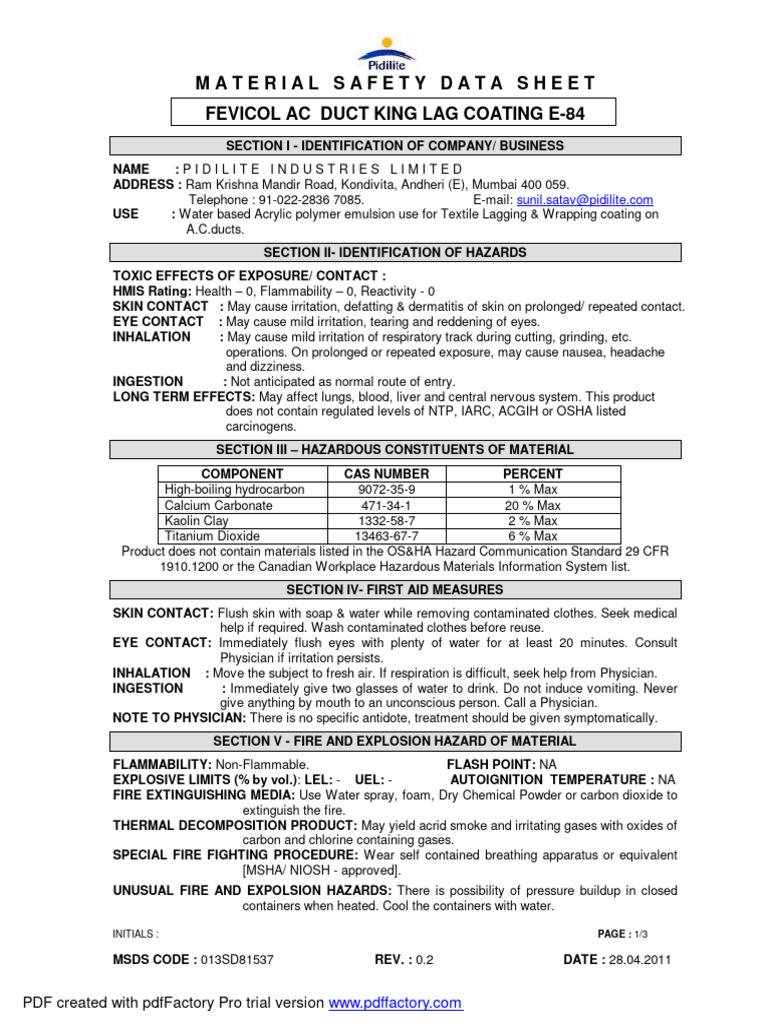 Fevicol AC Duct King Lag Coating MSDS | PDF | Personal Protective Equipment | Fires