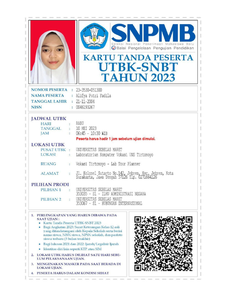 Kartu Peserta Utbk | PDF