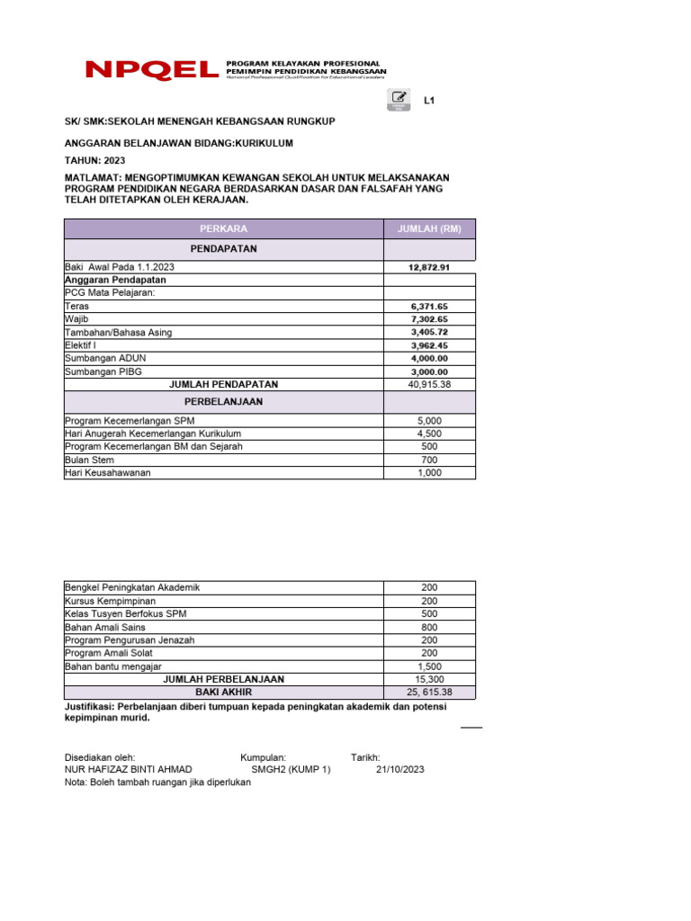 Lembaran Kerja L1 Belanjawan Tahunan (Nur Hafizaz) | PDF