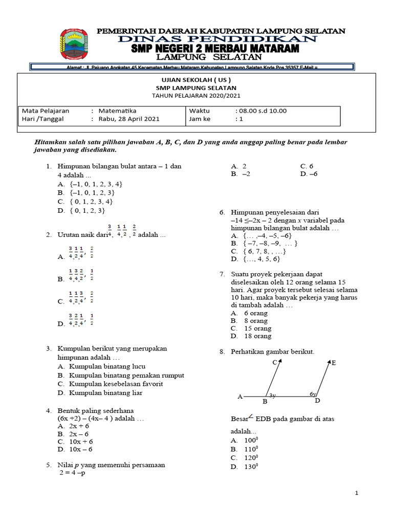 Soal Us MTK 2021 Edit | PDF
