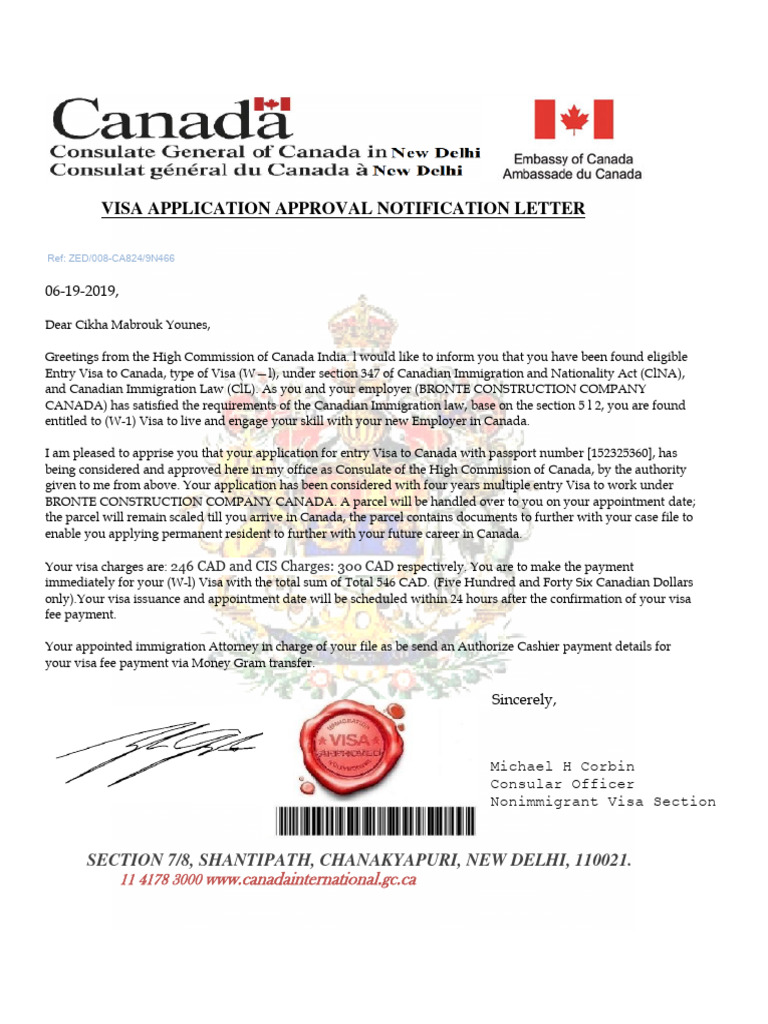 Visa Application Approval Notification Letter: WWW ...