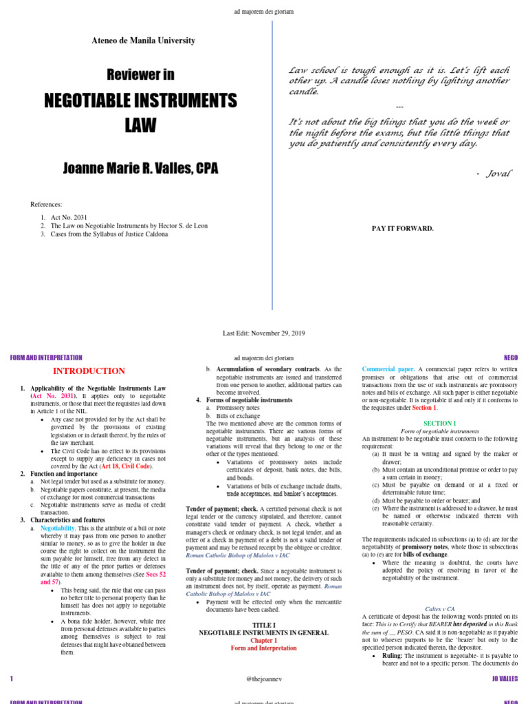 Negotiable Instruments Law - Jo Valles | PDF | Negotiable Instrument ...