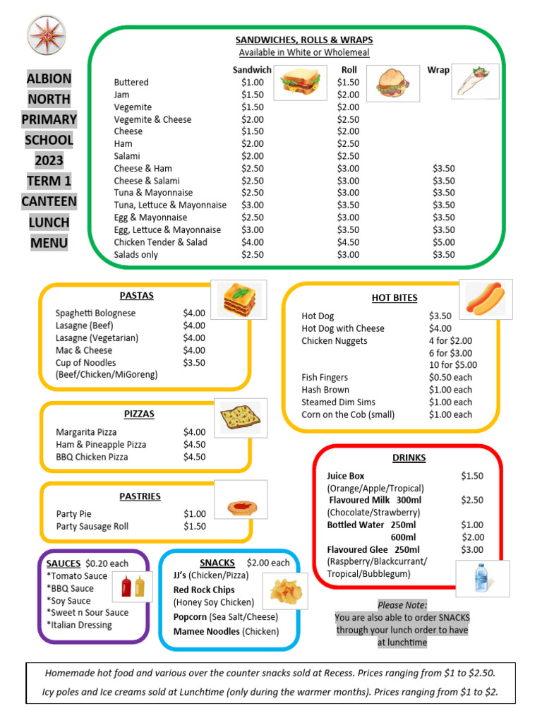 Albion North Primary Canteen Menu 2023 | PDF | Lunch | Food And Drink ...