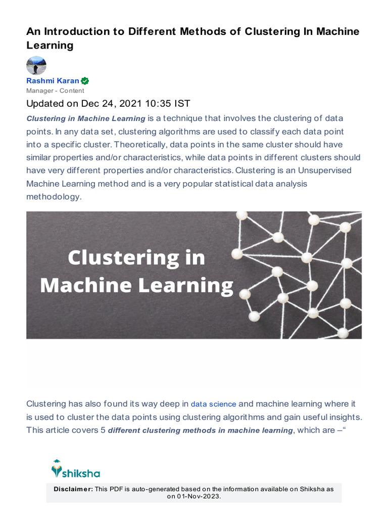 An Introduction To Different Methods of Clustering in Machine Learning | PDF | Cluster Analysis ...
