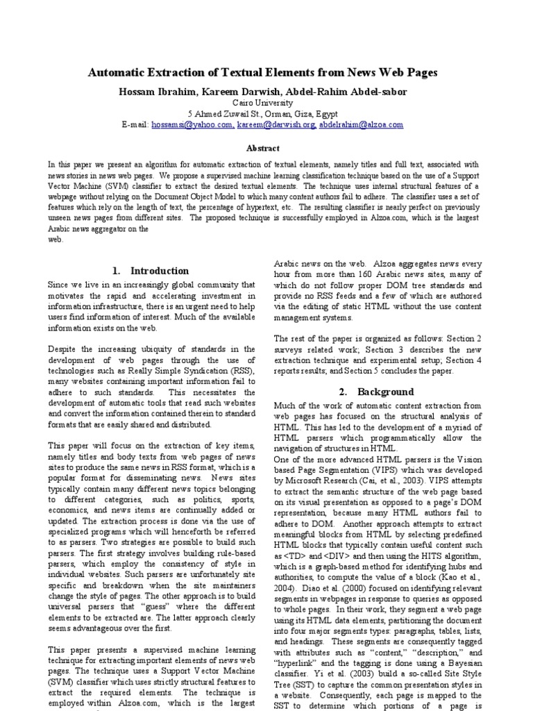 Automatic Extraction of Textual Elements From News Web Page | PDF ...
