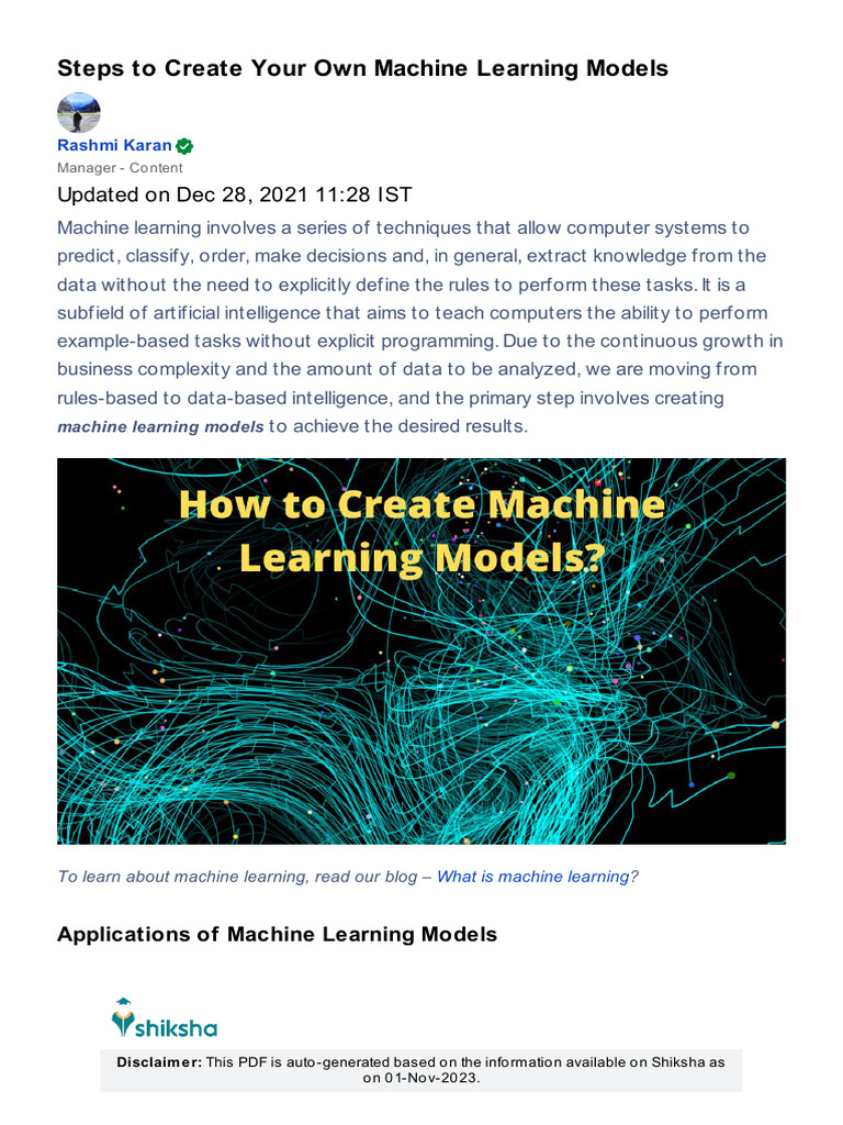 Steps To Create Your Own Machine Learning Models Pdf Machine Learning Artificial Neural