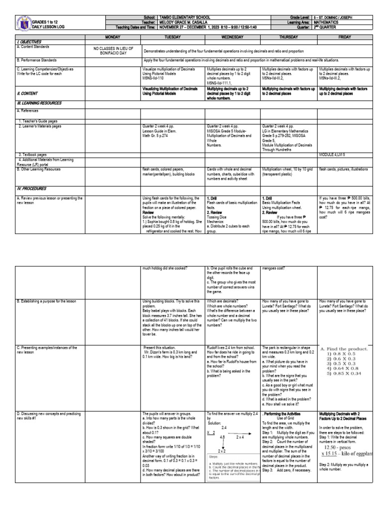 Math 5 Q2 W4: Decimal Multiplication | PDF