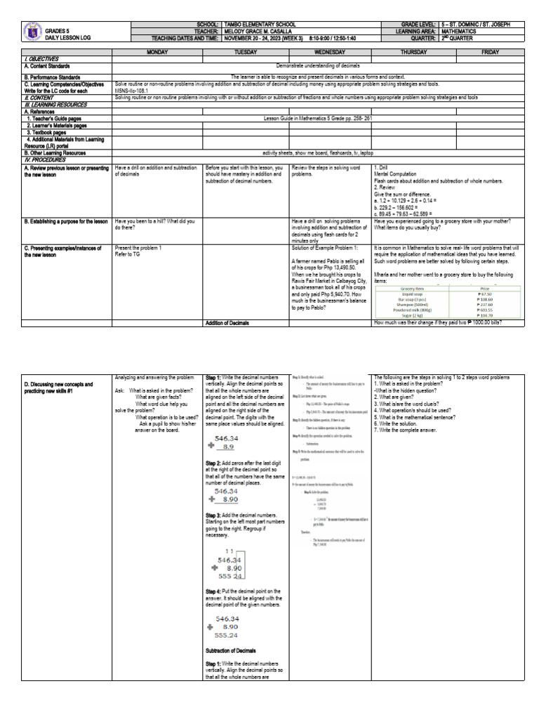 DLL Mathematics 5 q2 w3 | PDF | Numbers | Mathematics