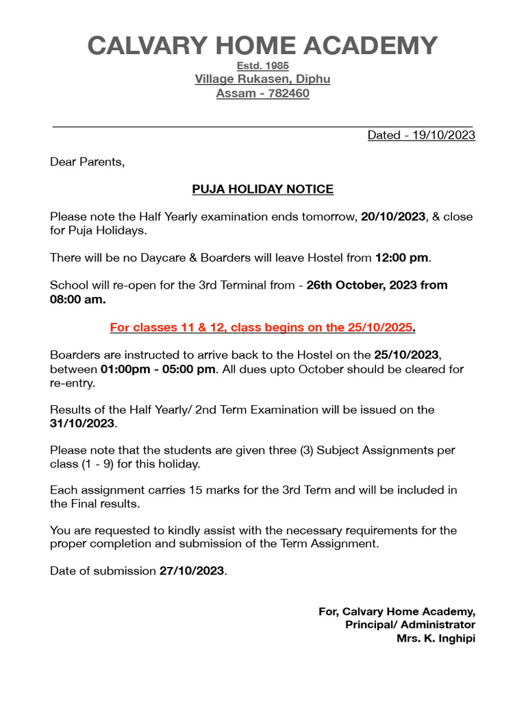 Puja Holiday Notice & 3rd Term Assignments | PDF