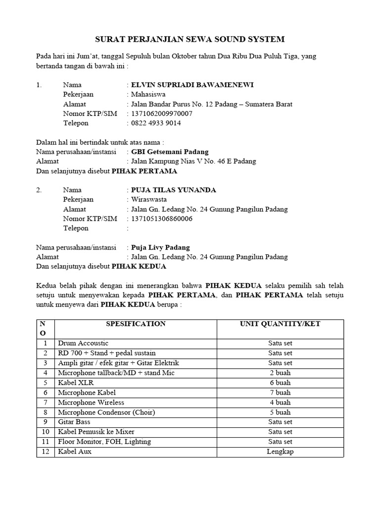 Surat Perjanjian Sewa Sound System | PDF