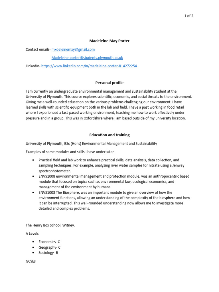 Madeleine May Porter CV | PDF | Environmental Resource Management ...