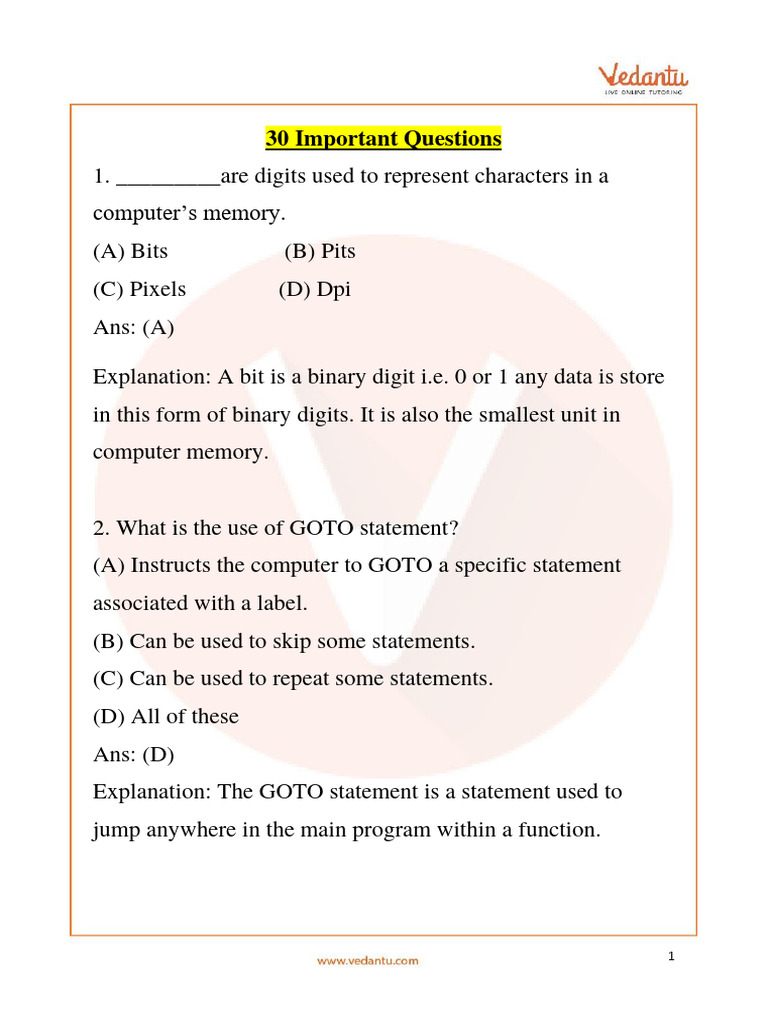 NCO Important Questions For Class 7 | PDF | Computer Data Storage | Random Access Memory