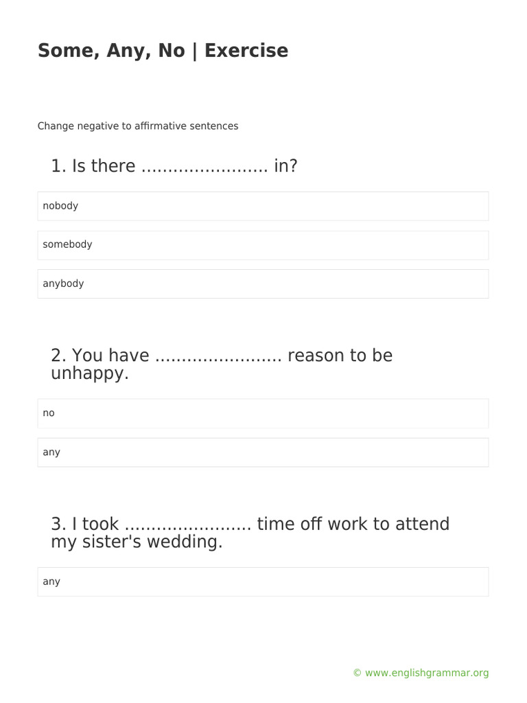 Some, Any, No - Exercise | PDF