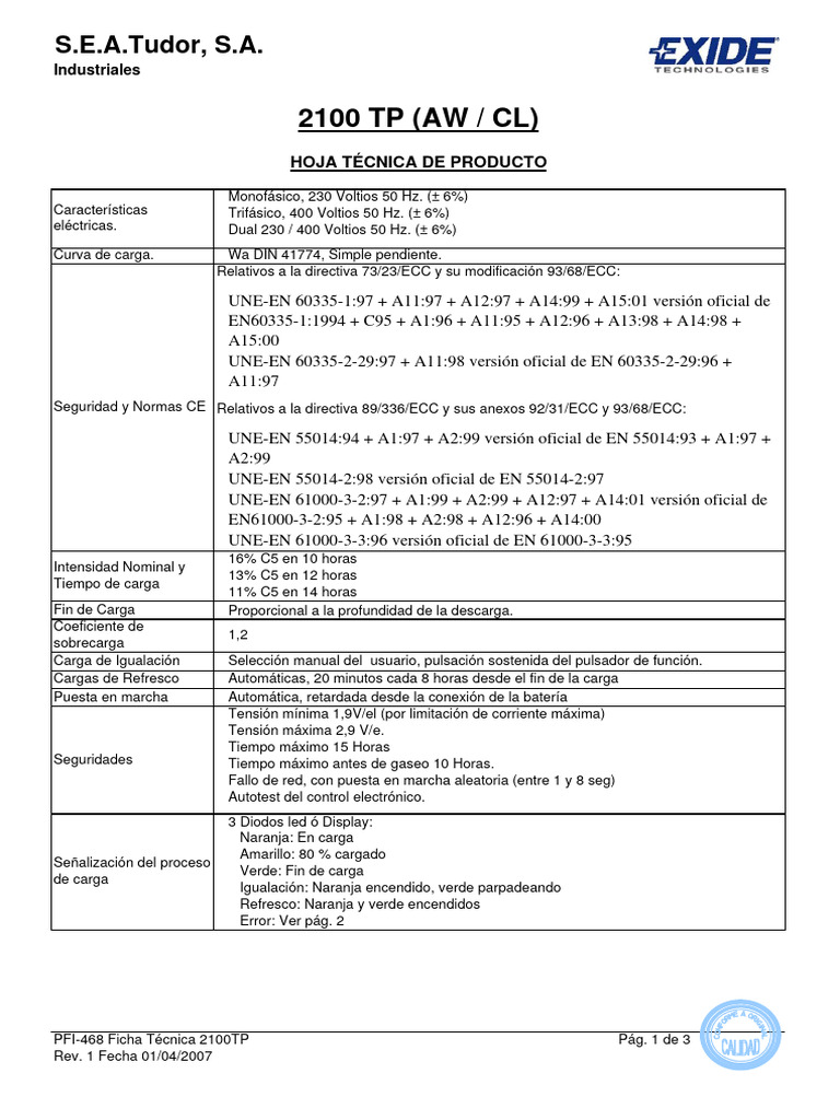 Hoja Tecnica - Errores - Perfil Carga - Cargadores 2100 TP (AW-CL ...