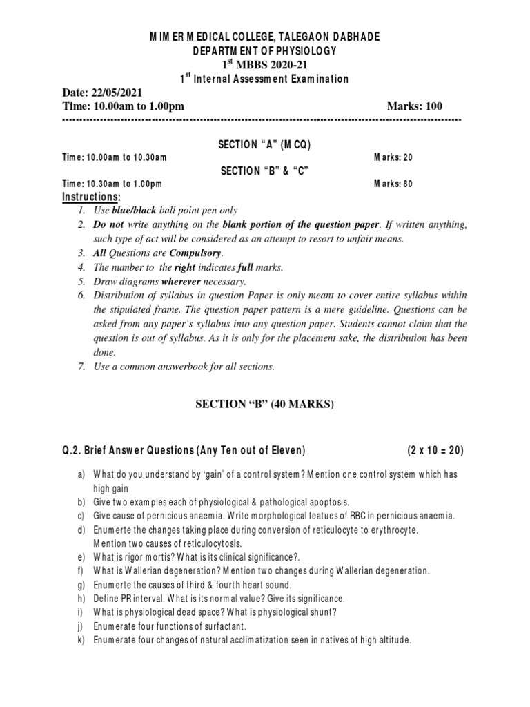 1st Internal Assessment Examination. Dept of Physiology | PDF | Heart ...