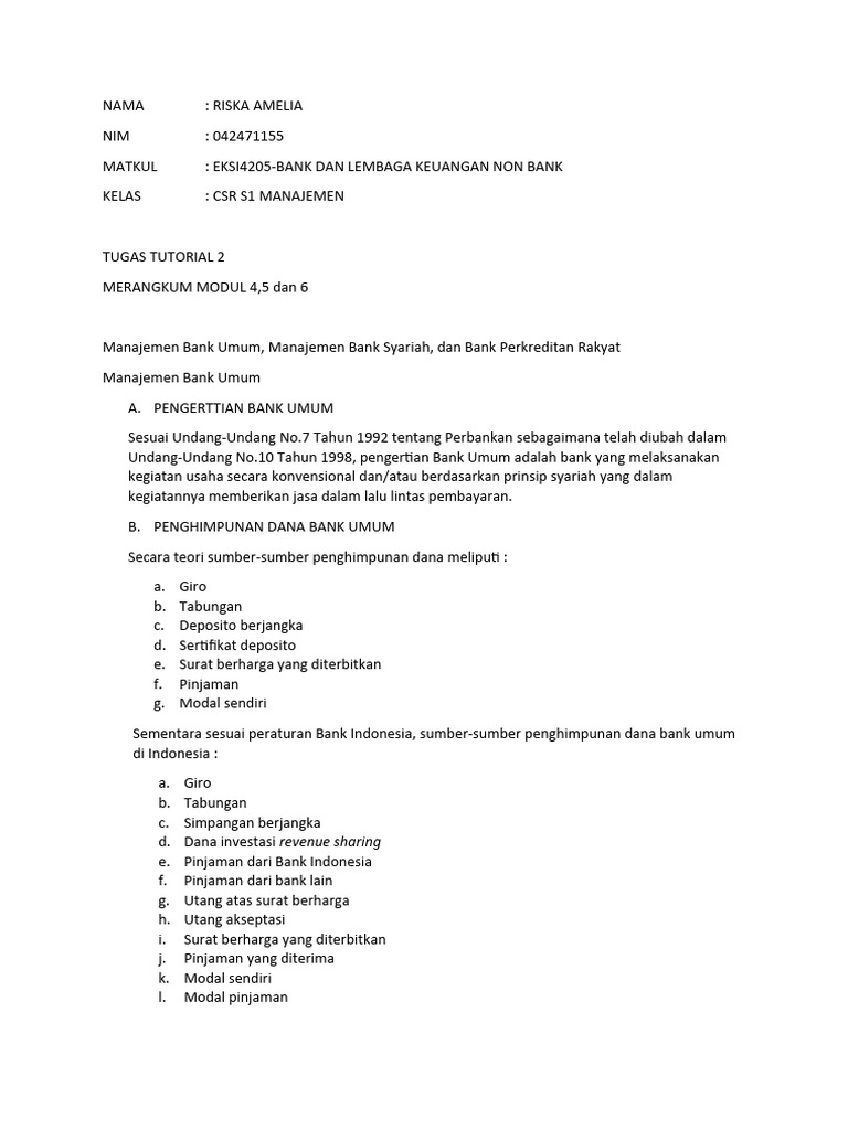 Tugas Tutorial 2 Bank Dan Lembaga Keuangan Non Bank - Riska Amelia - 042471155 - CSR S1 ...