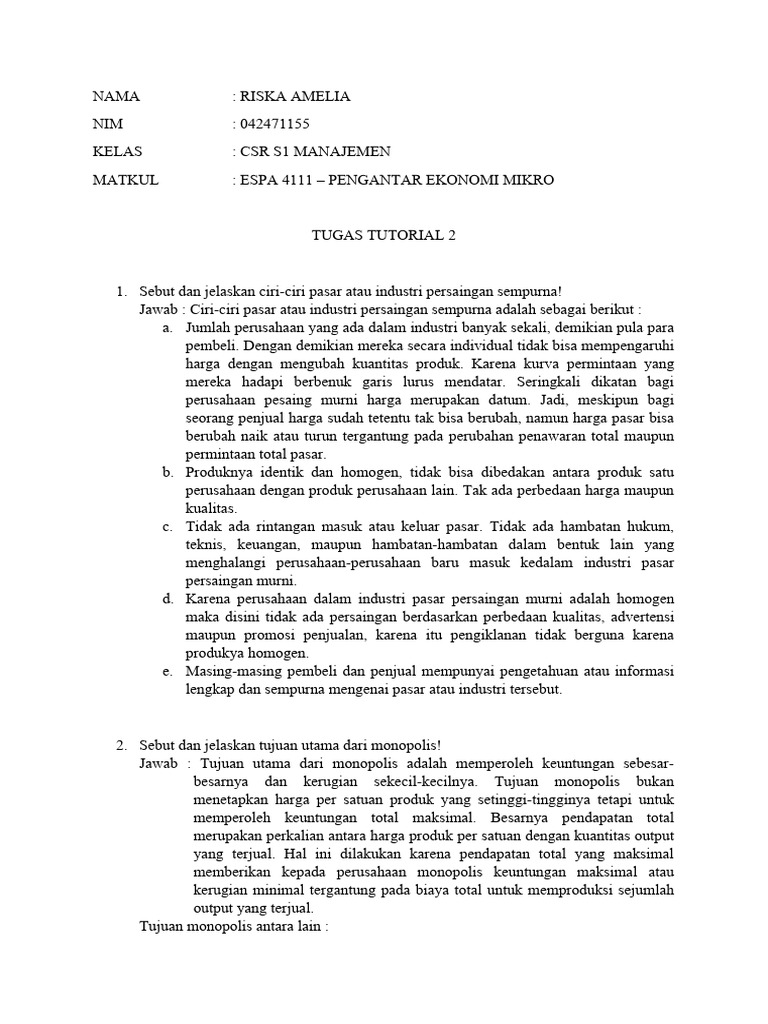 Tugas Tutorial 2 Pengantar Ekonomi Mikro - Riska Amelia - 042471155 - CSR s1 Manajemen | PDF